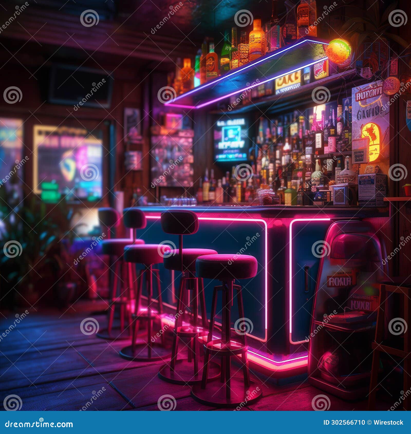 Cozy, Intimate Bar Illuminated by Neon Light and Featuring Bar Stools ...
