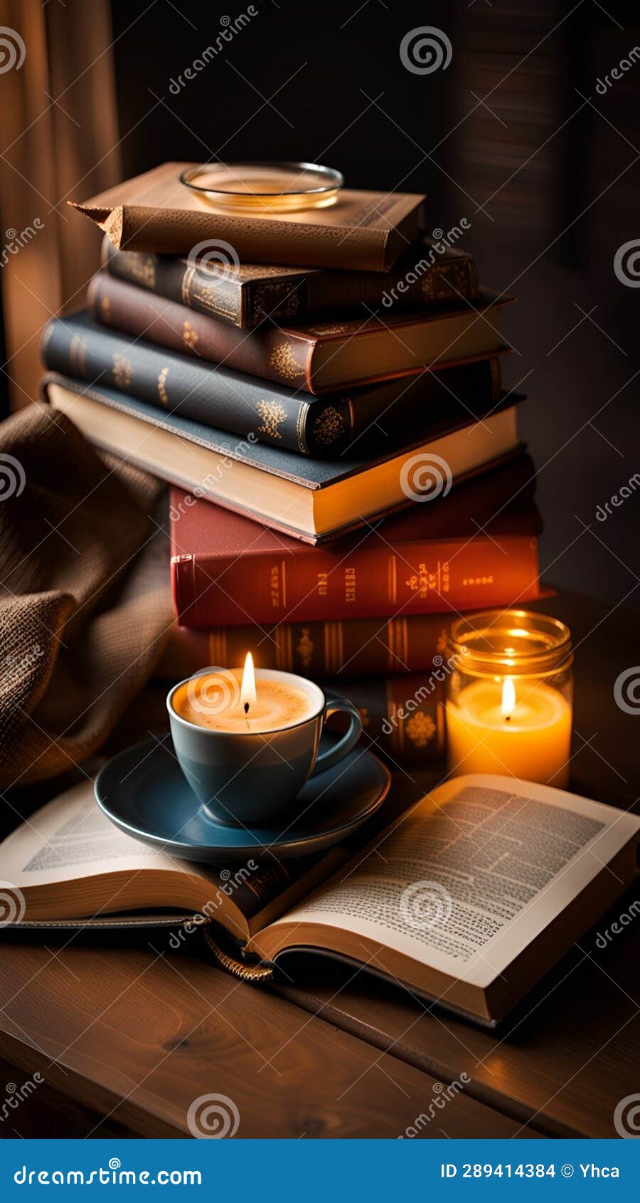 A Stack of Books on a Wooden Table with a Cup of Coffee and a Candle ...