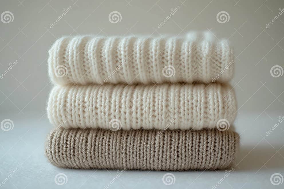 A Cozy and Inviting Stack of Knitted Sweaters in Soft Neutral Tones ...
