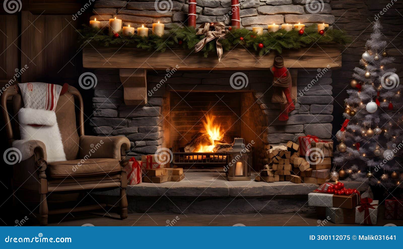 A Cozy and Inviting Winter Holiday Scene with a Rustic Fireplace Stock ...