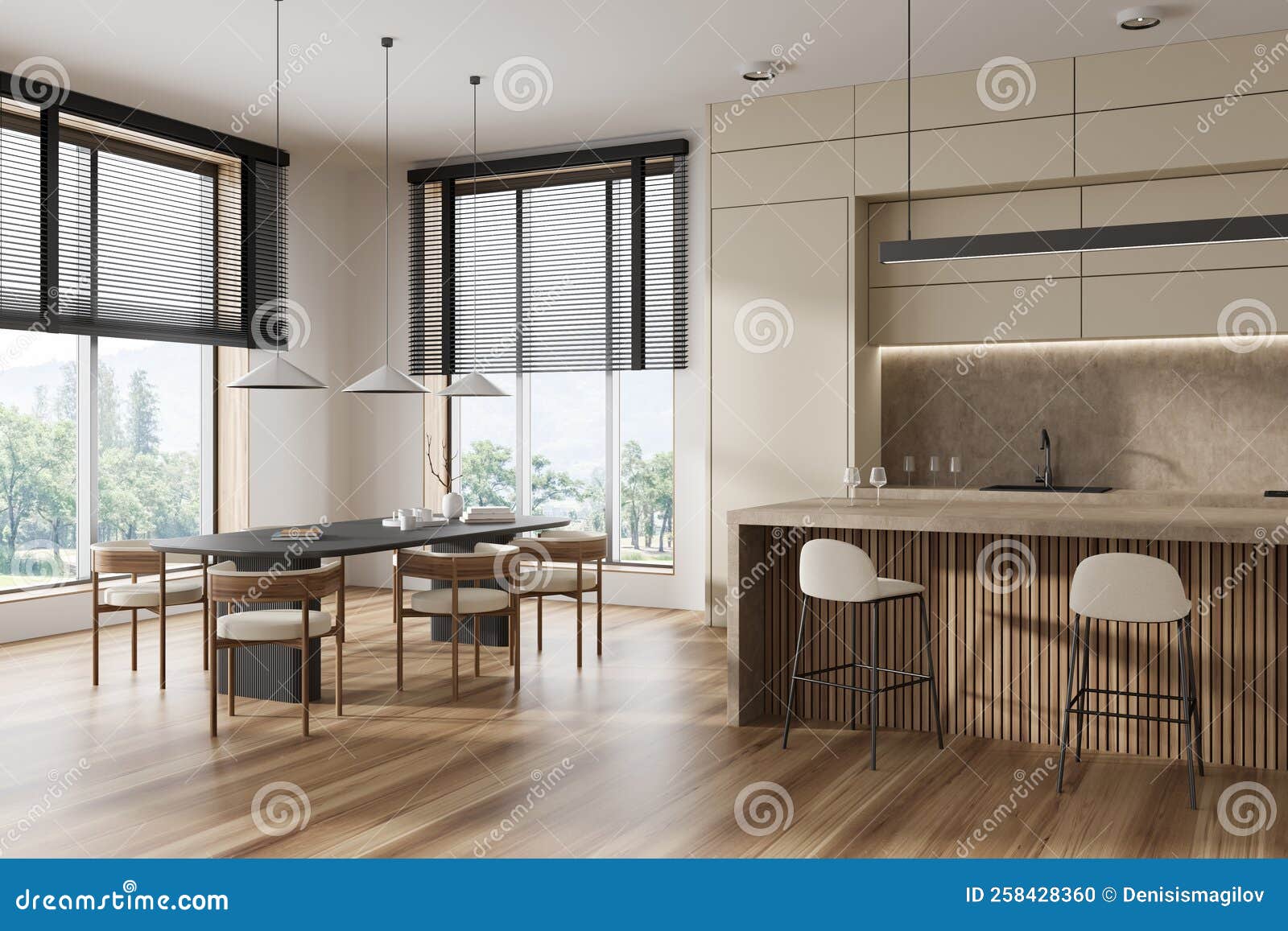 Cozy Kitchen Interior with Eating and Cooking Area, Panoramic Window ...