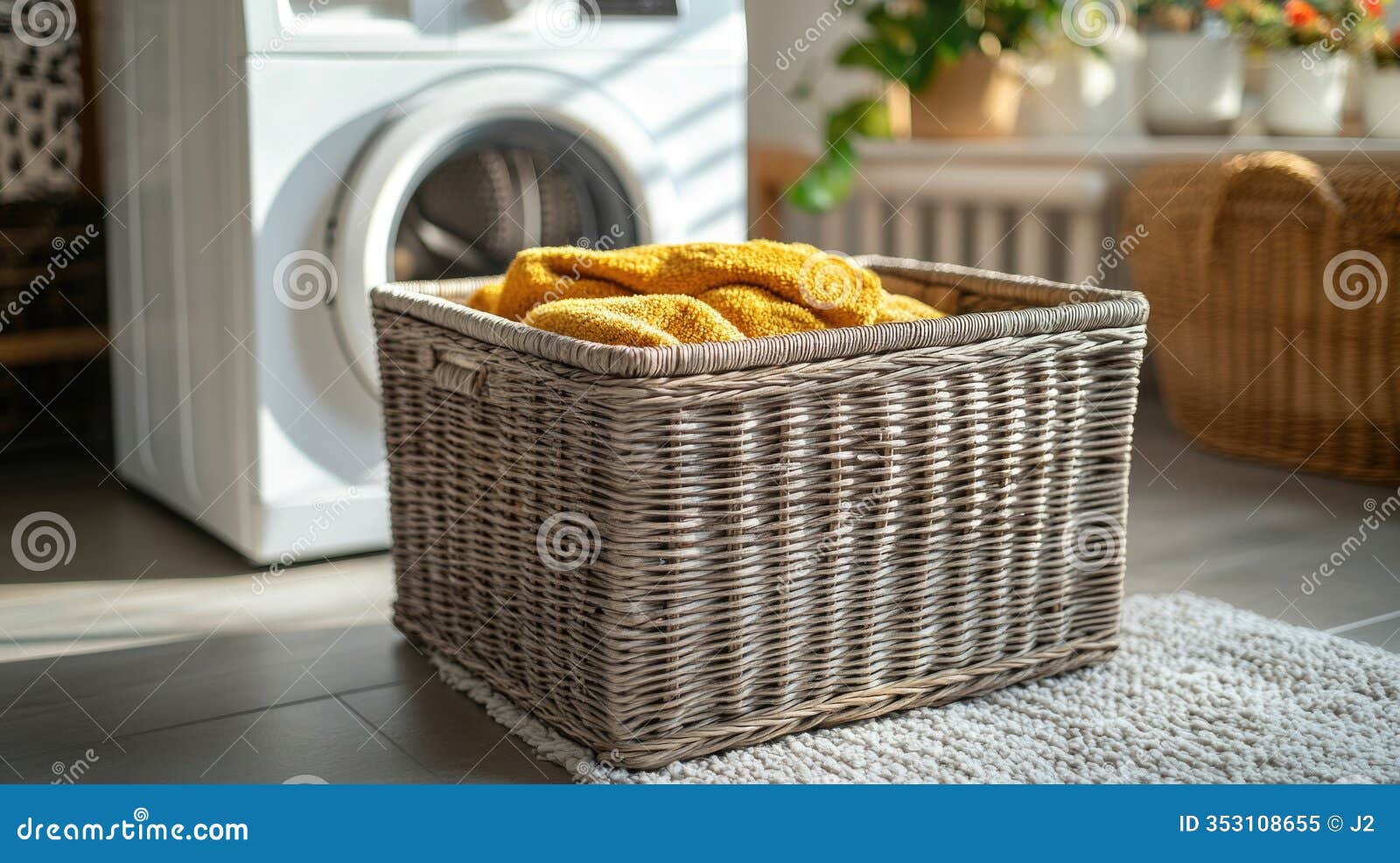 Cozy Laundry Room with Wicker Basket and Washing Machine in Warm ...