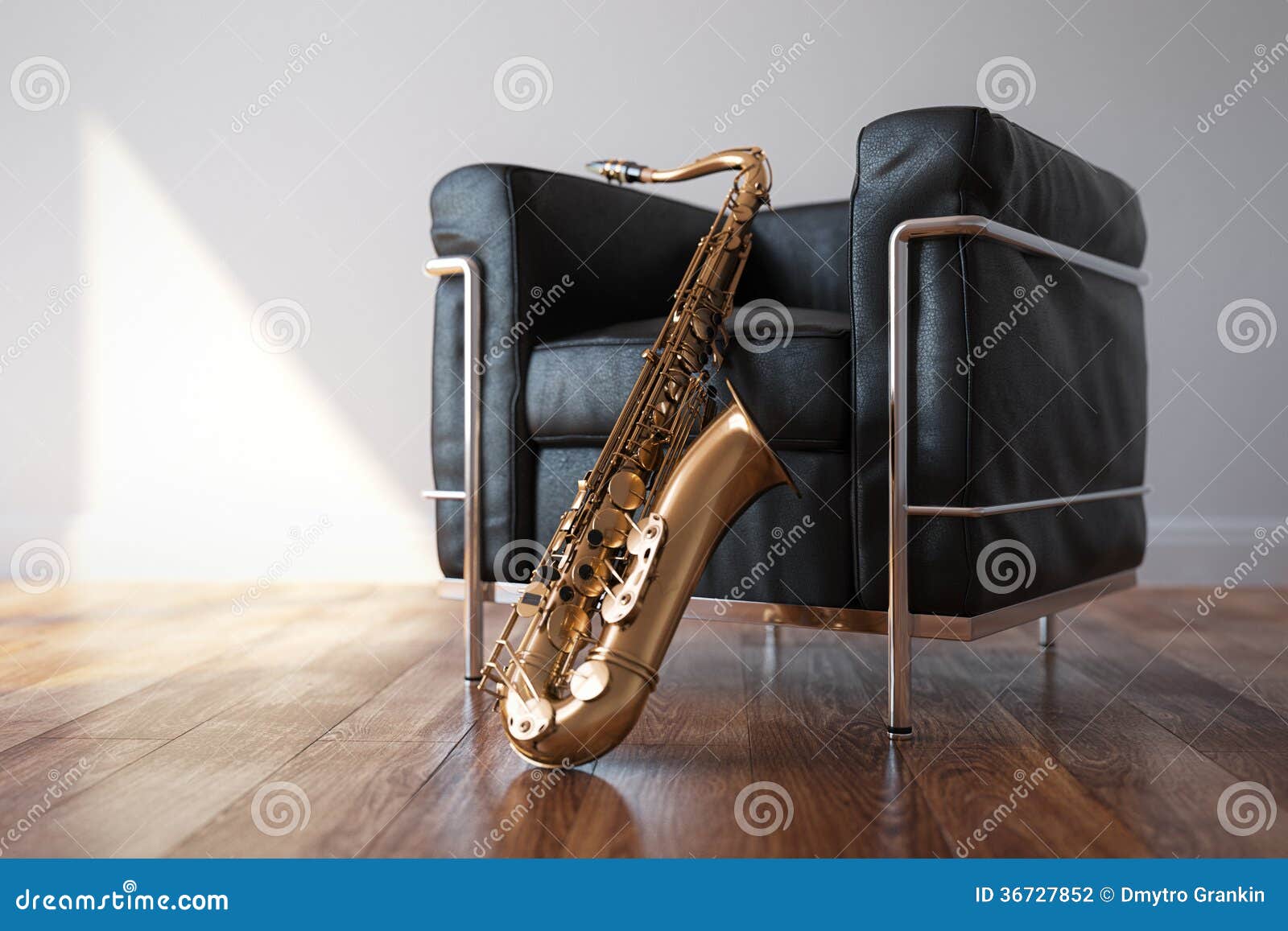 Cozy Leather Arnchair with Saxophone in Classic Bright Room Stock Photo ...