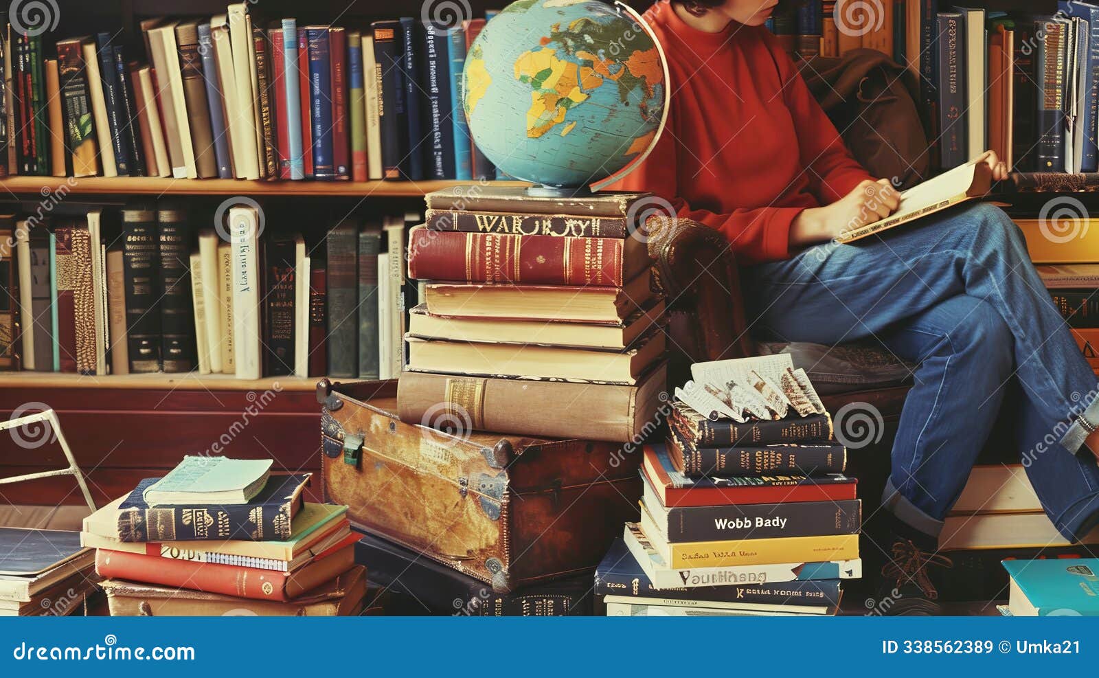 Cozy Library Corner with Stacked Books and Globe Stock Illustration ...