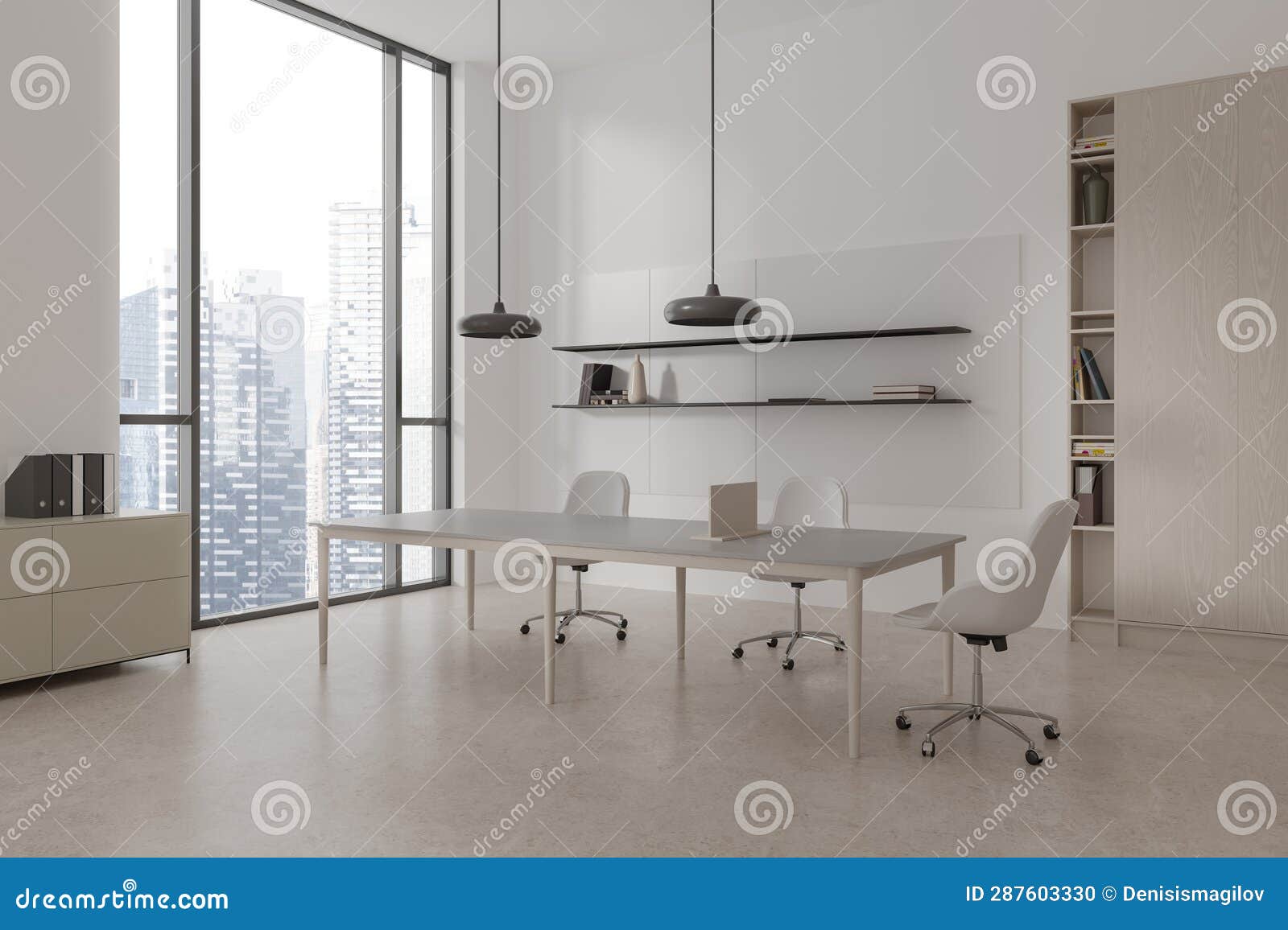 Cozy Library Interior with Shared Table and Chairs, Shelf and Panoramic ...