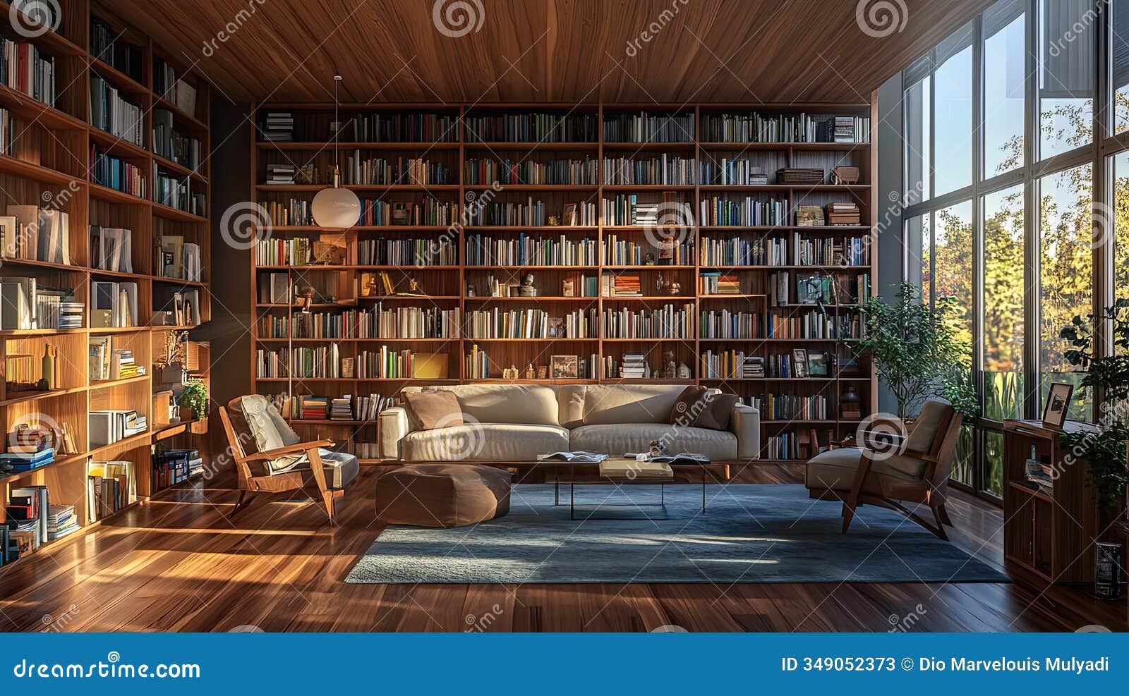 Cozy Library Room Interior Design. Bookshelves, Sofa, and Sunlight ...