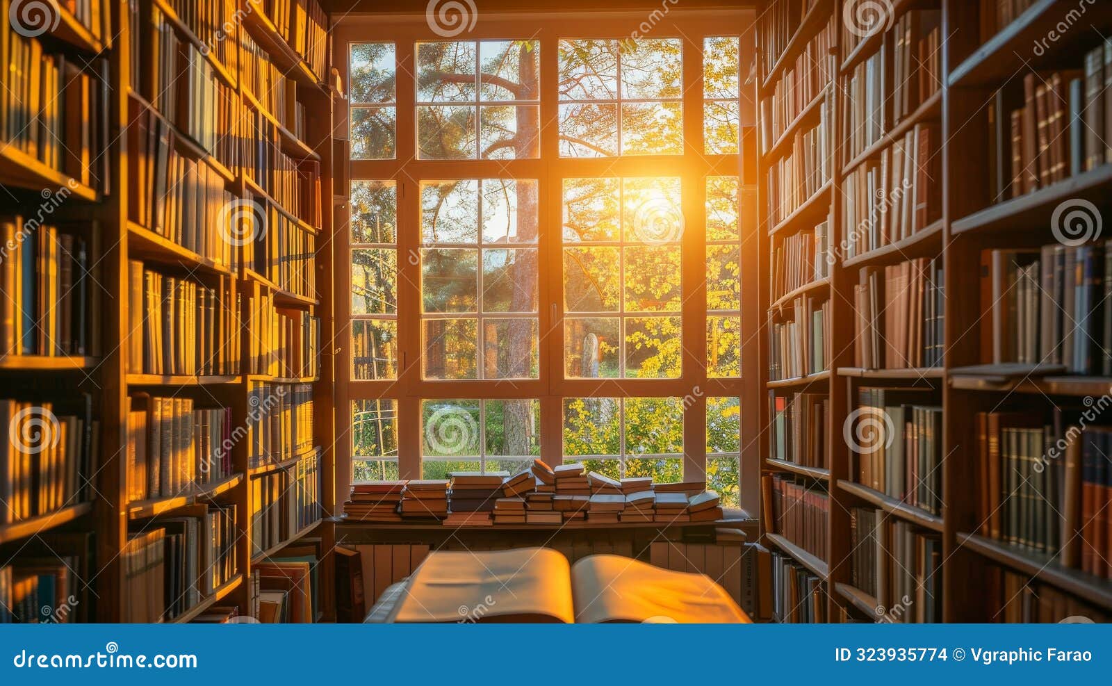 Cozy Library with Sunlight Streaming through Windows at Sunset ...