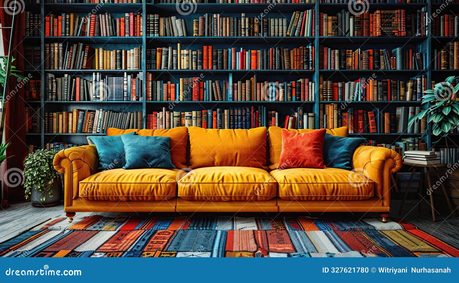Cozy Library With Shelves Of Colorful Books, Natural Light, And ...