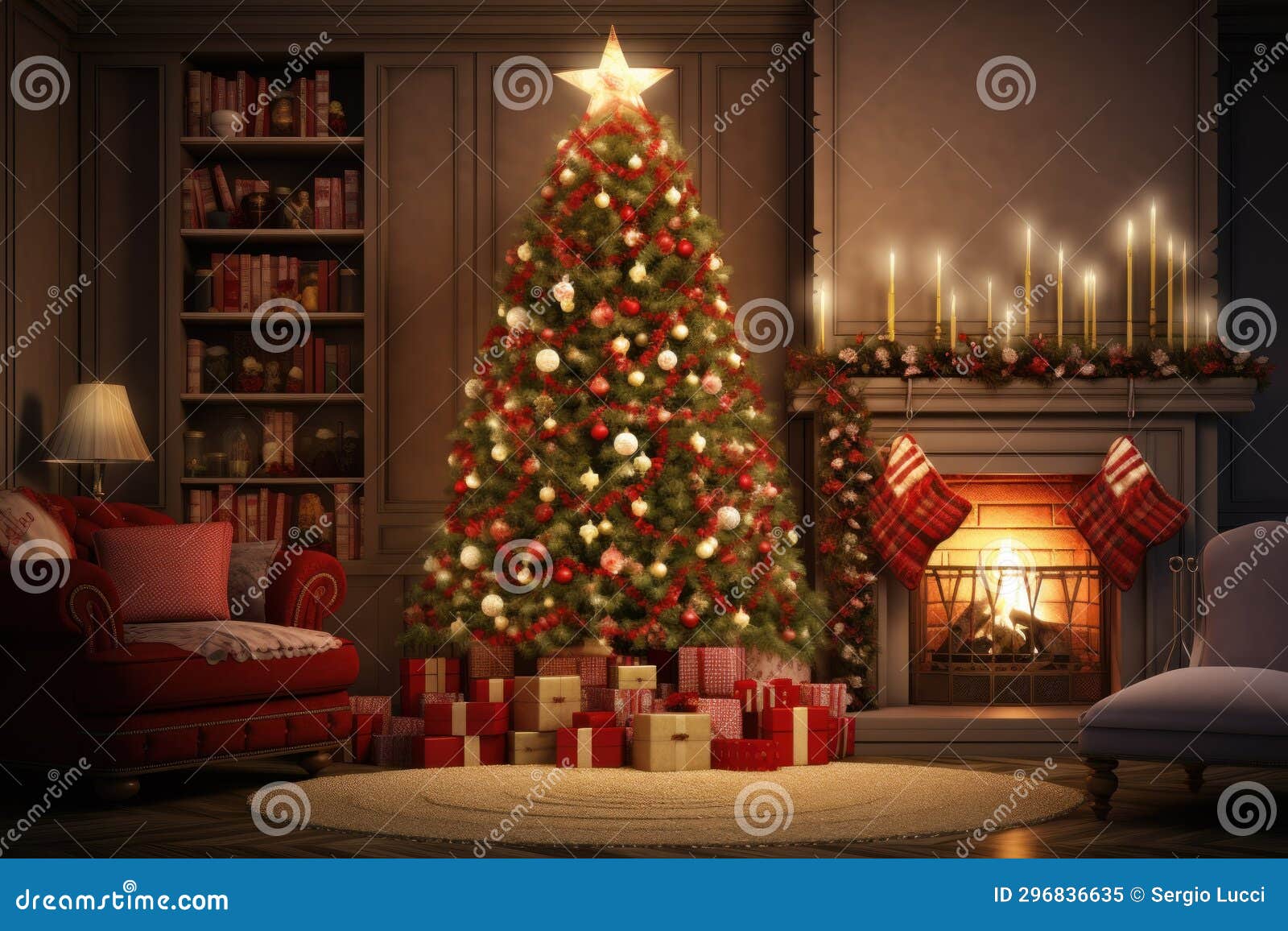 Cozy Living Room with Decorated Christmas Tree and Fireplace. Stock ...