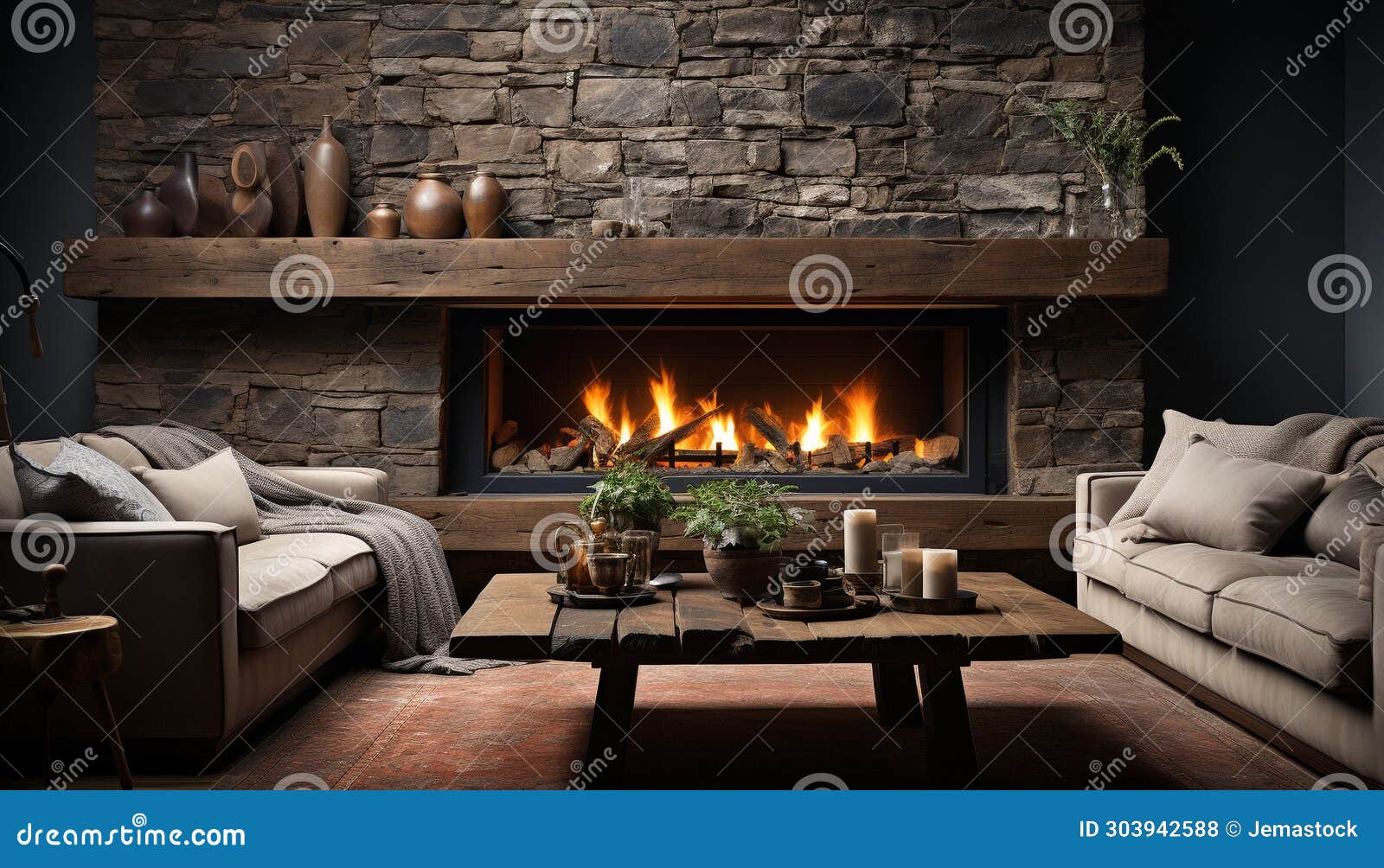 Cozy Living Room with Fireplace, Modern Design Generated by AI Stock ...