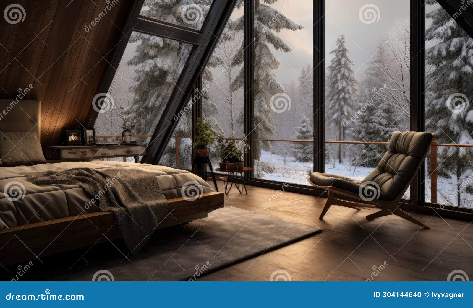 Cozy Living Room Interior in Winter with a Large Window Overlooking the ...