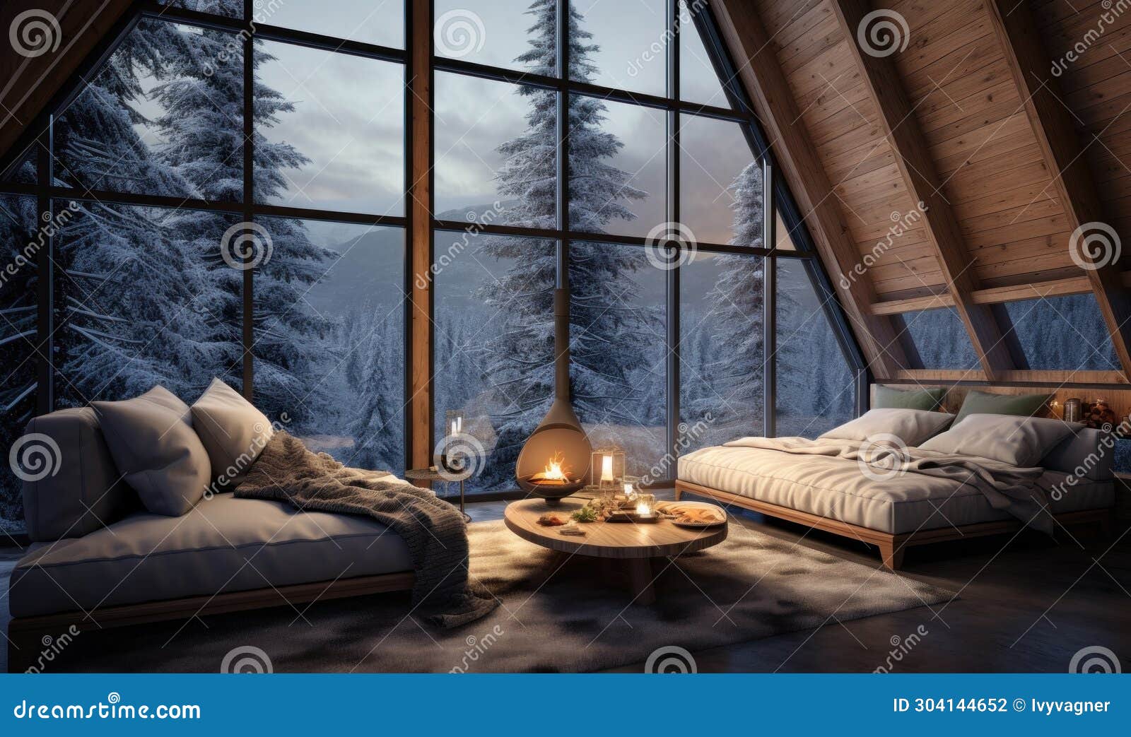 Cozy Living Room Interior in Winter with a Large Window Overlooking the ...
