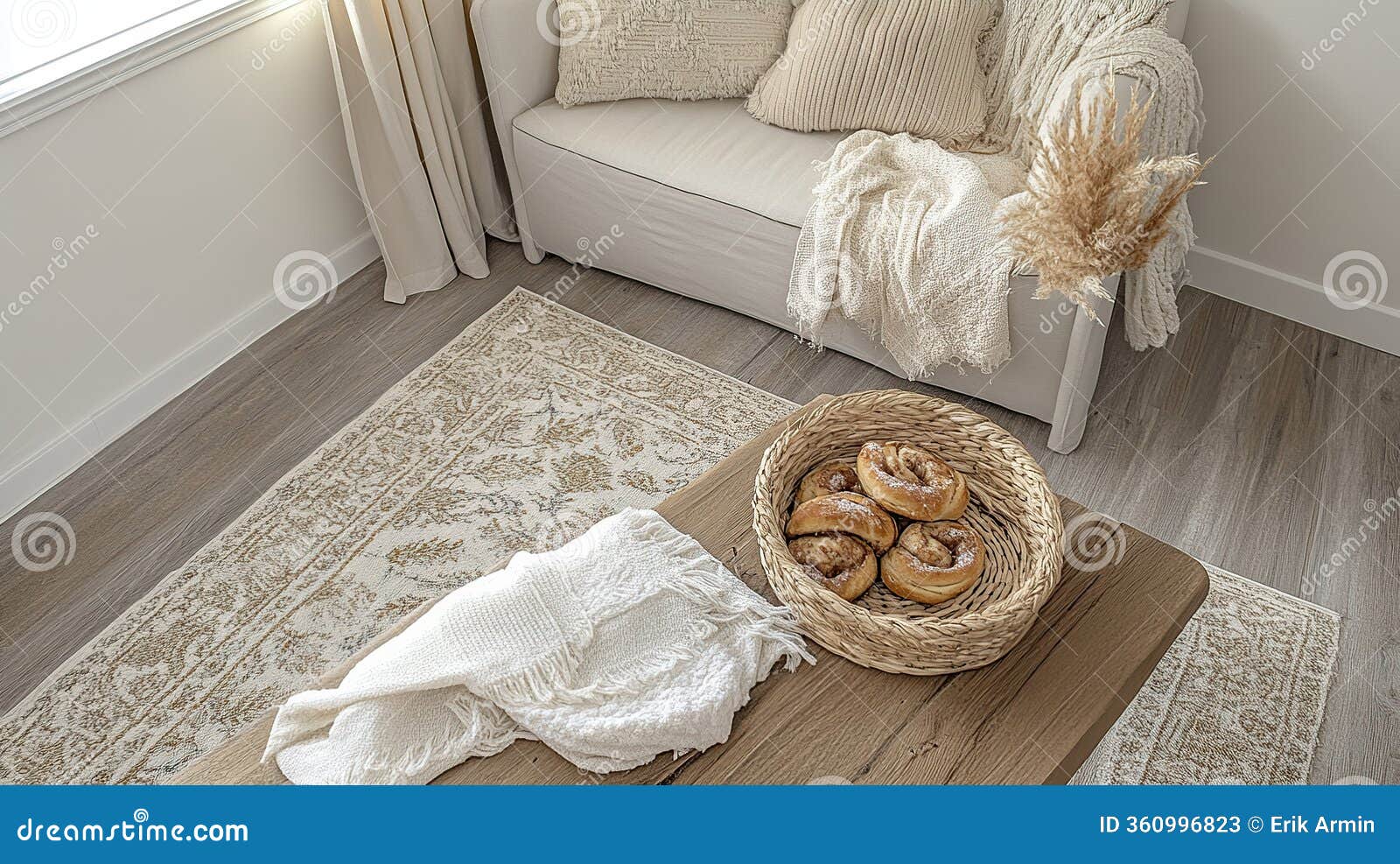 Cozy Living Room, Pastries on Coffee Table, Sunlight, Interior Design ...