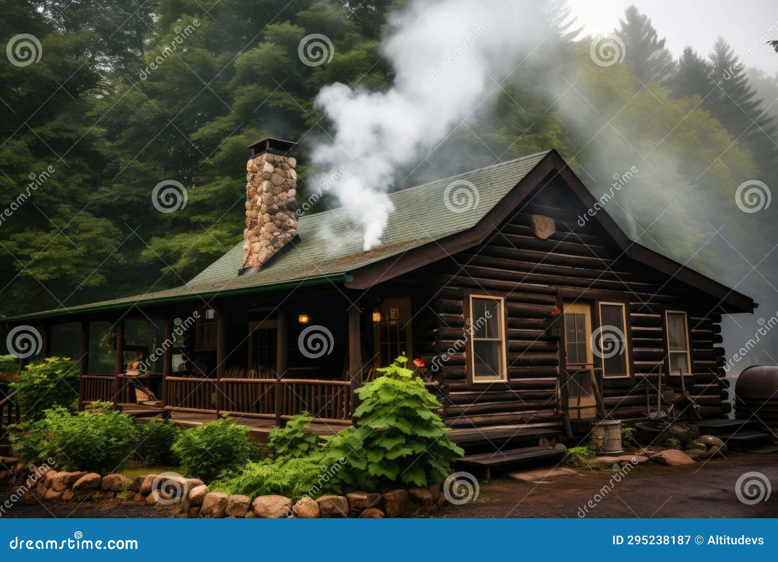 Cozy Log Cabin with Smoke Wafting Out of Chimney Stock Image - Image of ...