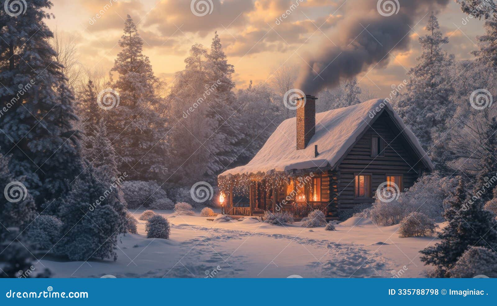 Cozy Log Cabin in a Snowy Forest at Sunset Stock Illustration ...