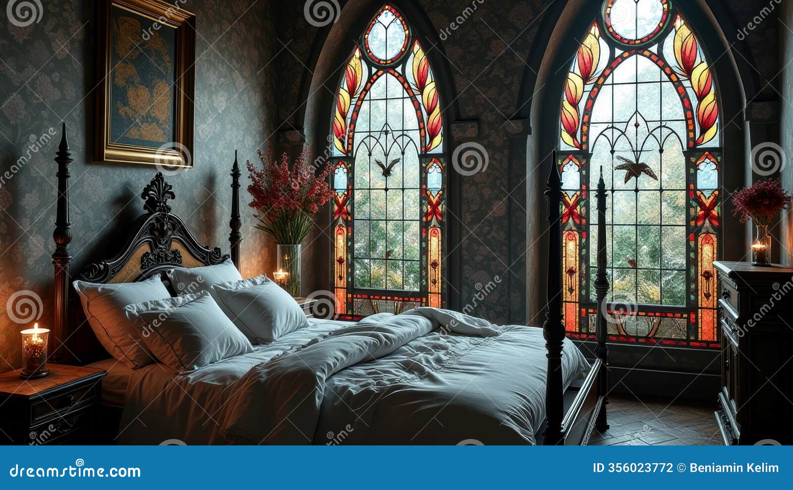 Cozy Medieval Bedroom with Stained Glass Windows and Elegant Decor ...