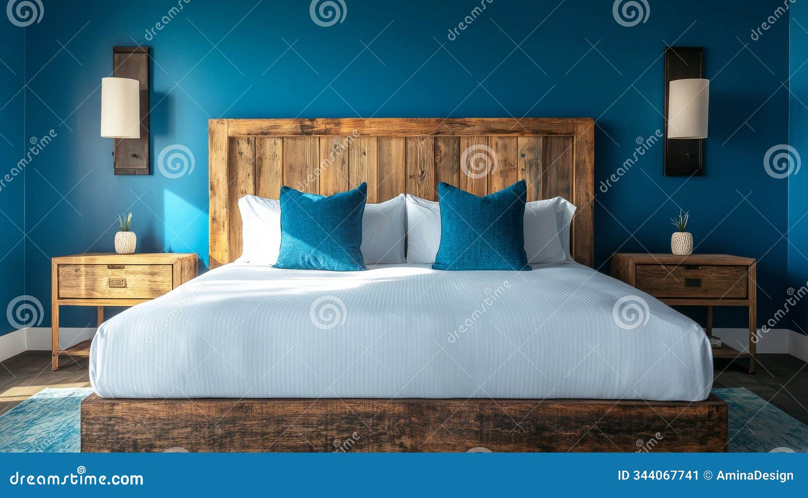 A Cozy Modern Bedroom with a Blue Accent Wall and Charming Rustic Decor ...
