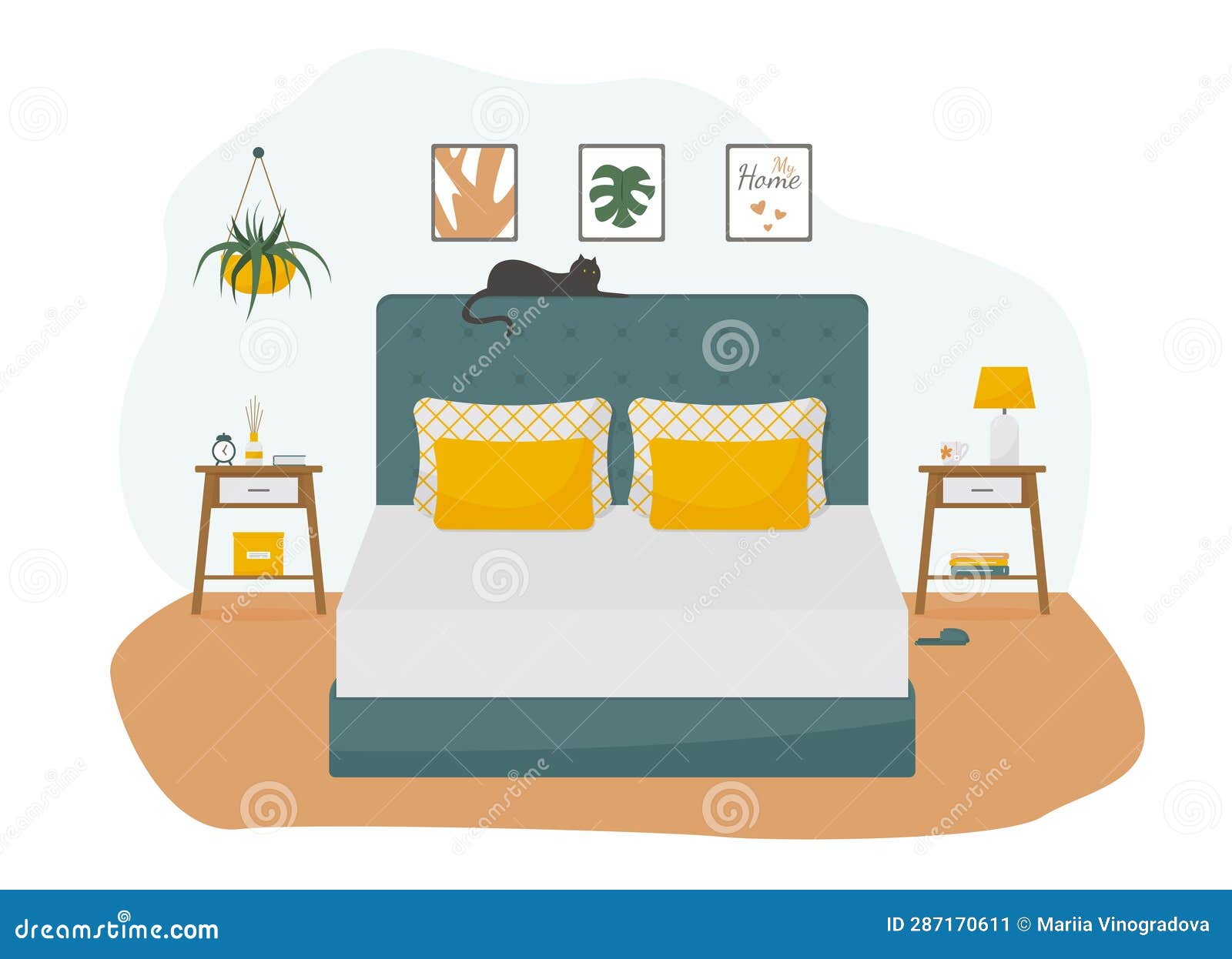 Cozy Modern Bedroom with a Cat on a Bed. Concept Vector Illustration in ...