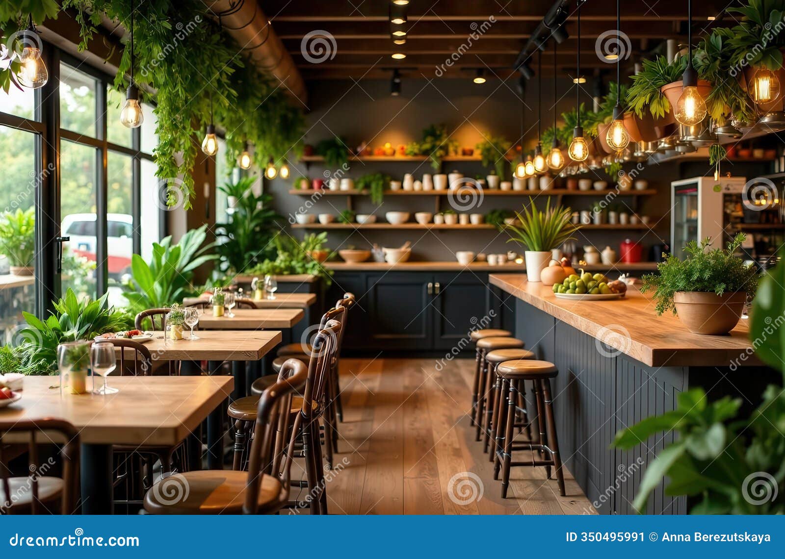 Cozy Modern Cafe Interior with Wooden Decor and Hanging Greenery Stock ...