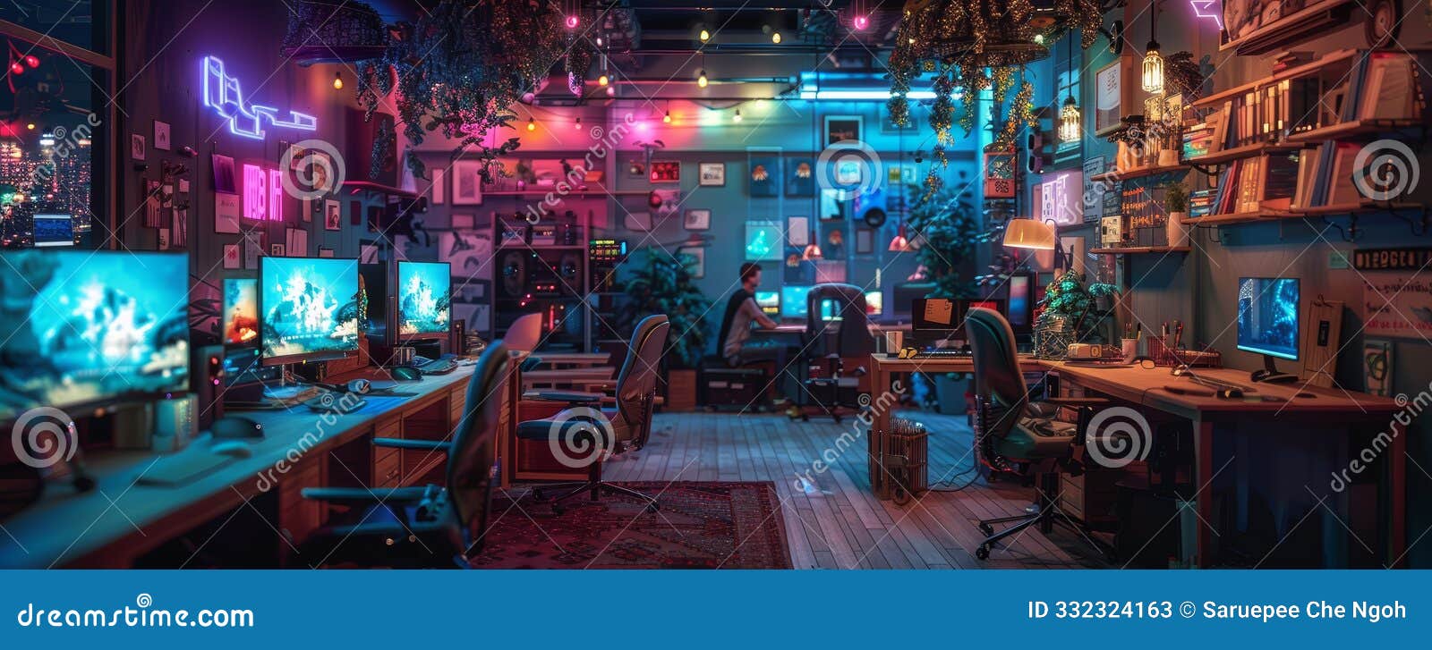 Cozy Modern Gaming Office with Neon Lights and Multiple Computer Setups ...
