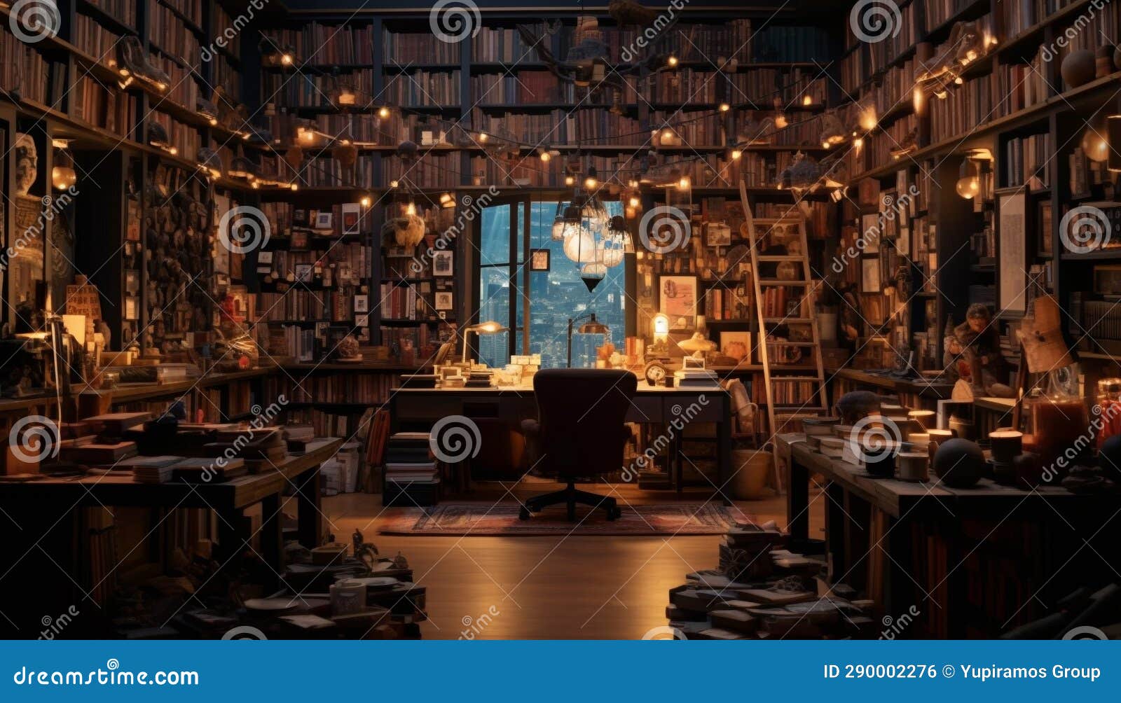 Cozy Modern Library with Illuminated Bookshelf, Comfortable Chair, and ...