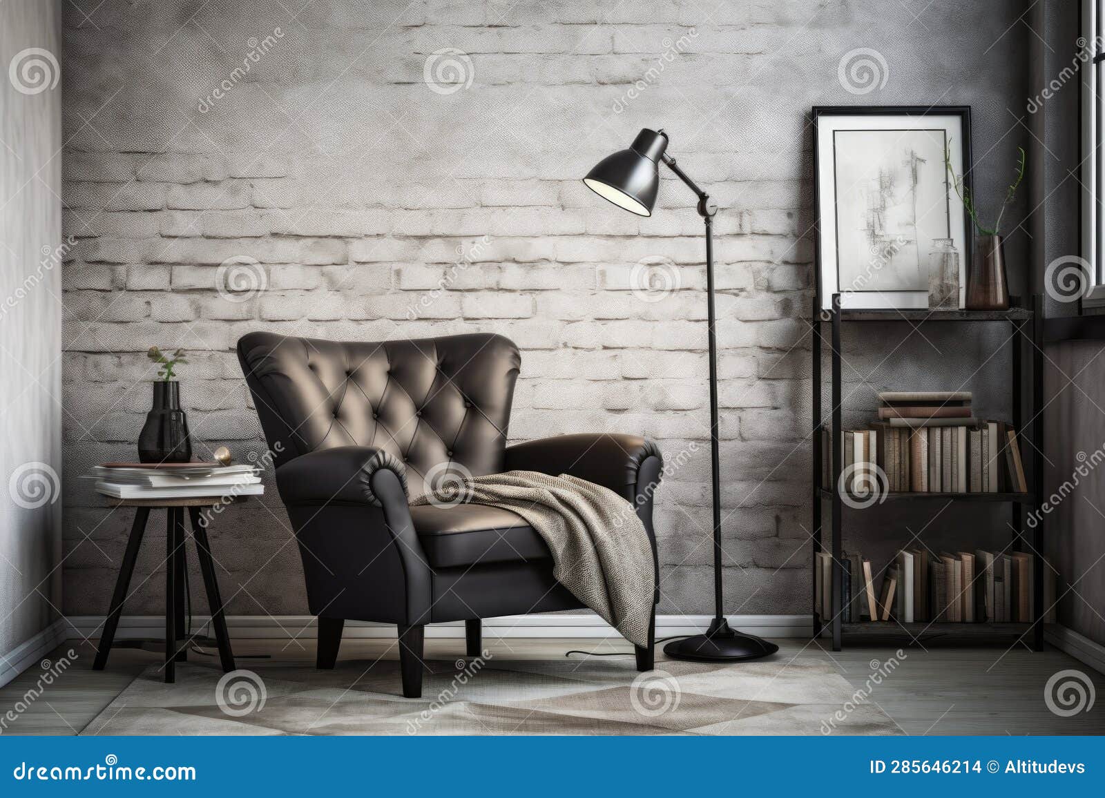A Cozy Monochrome Reading Corner with a Floor Lamp Stock Illustration ...