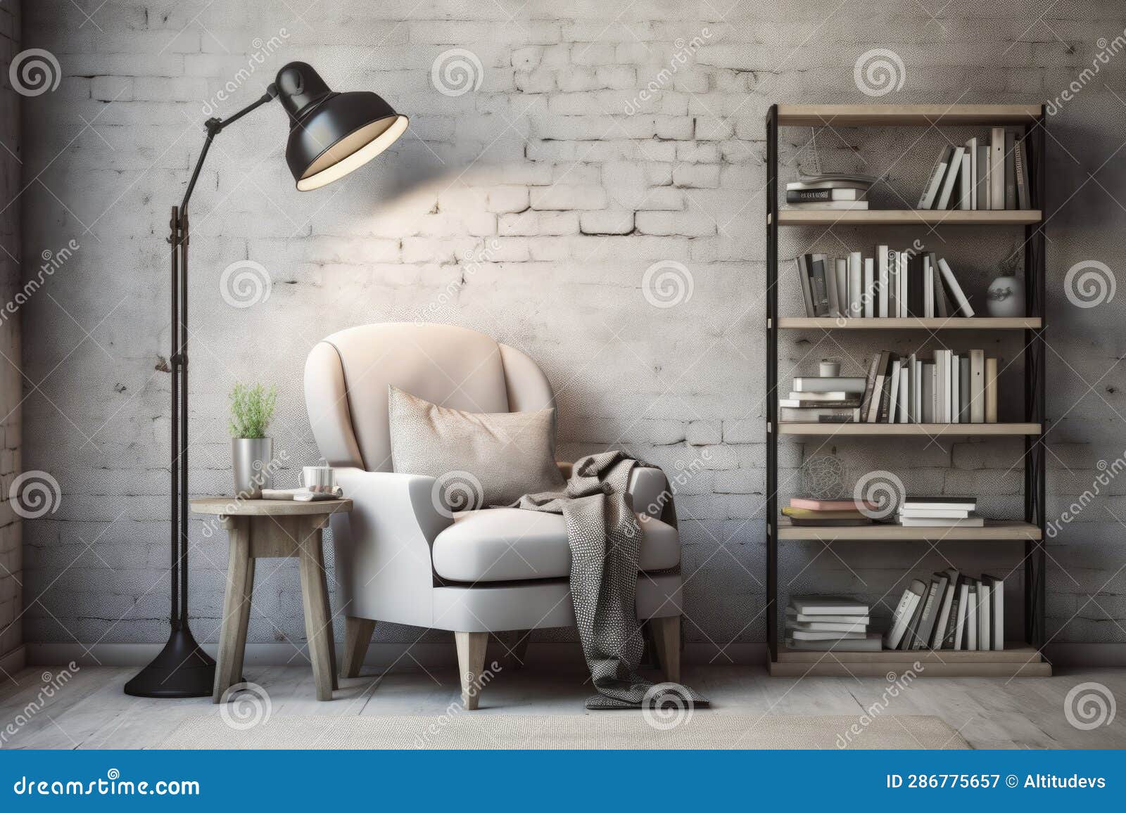 A Cozy Monochrome Reading Corner with a Floor Lamp Stock Illustration ...