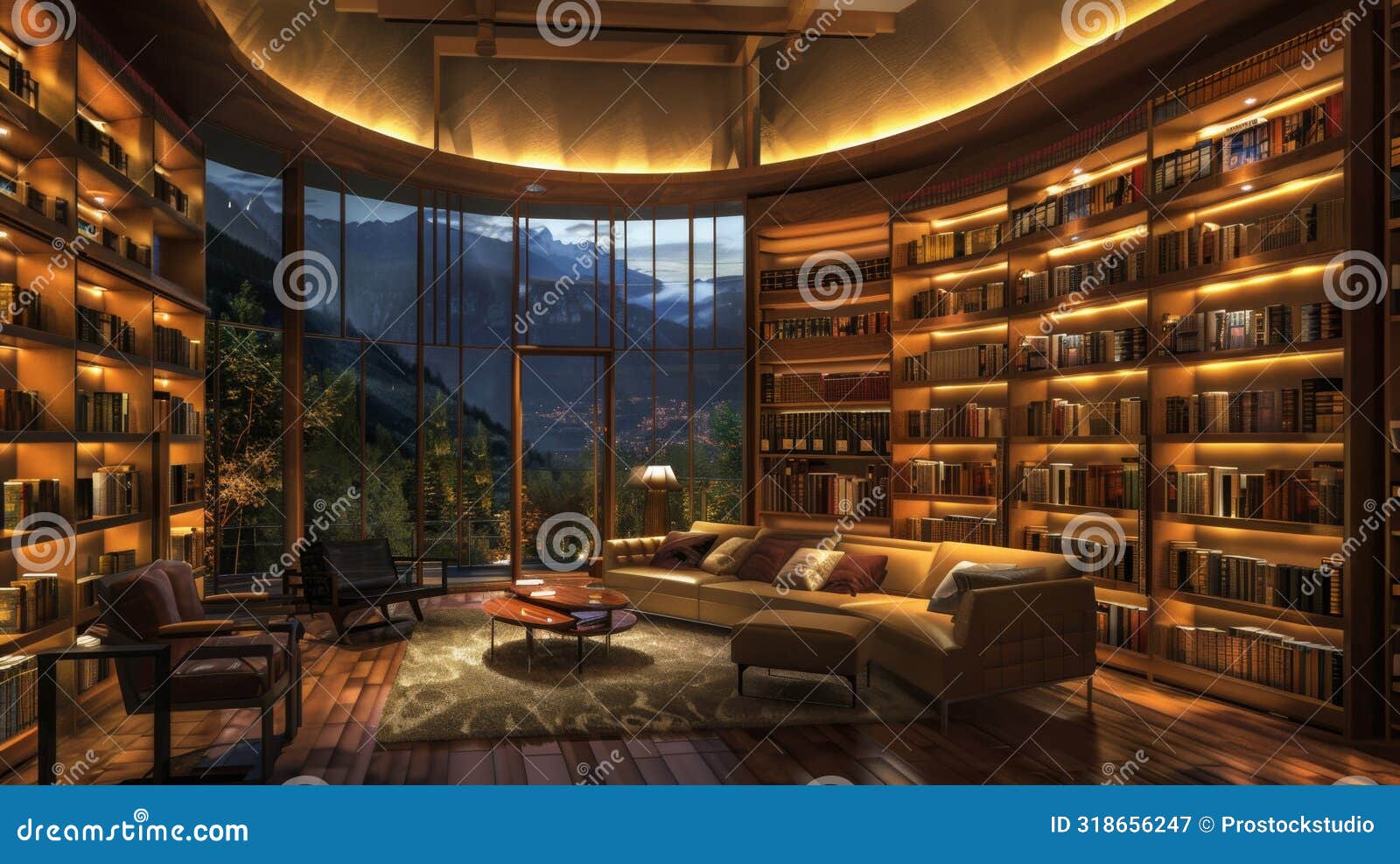 Cozy Mountain Library with Scenic Views at Dusk Stock Image - Image of ...