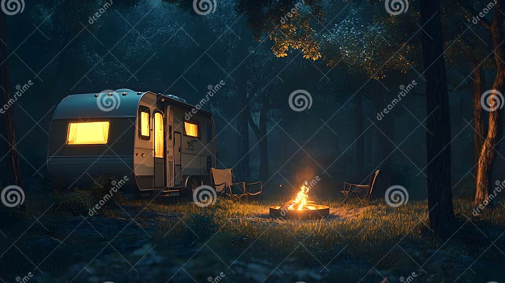 Cozy Night Camping with Caravan and Campfire in a Dark Forest Setting ...