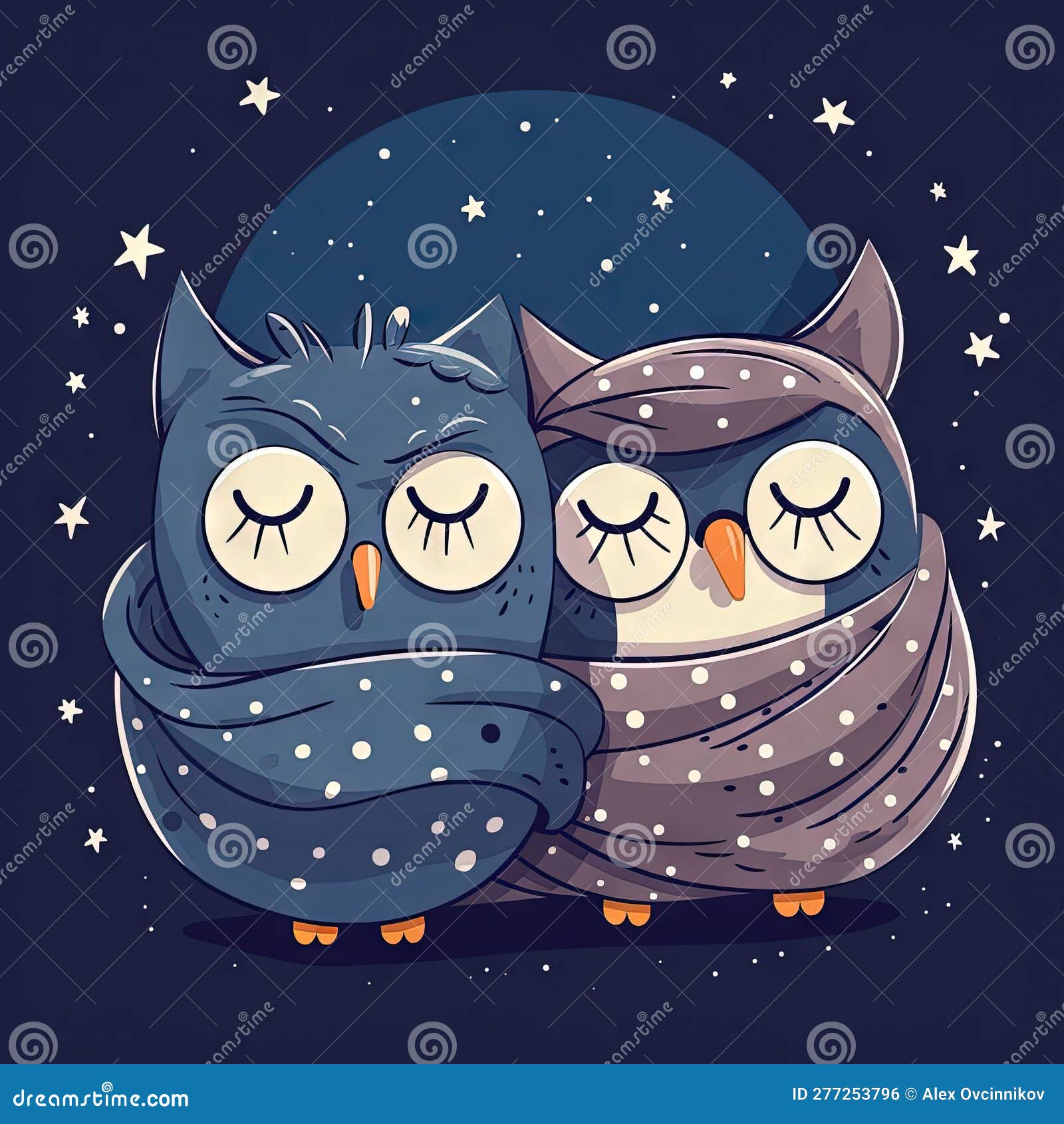 Cozy Night: Two Owls Sleeping Under a Starry Blanket. Stock ...