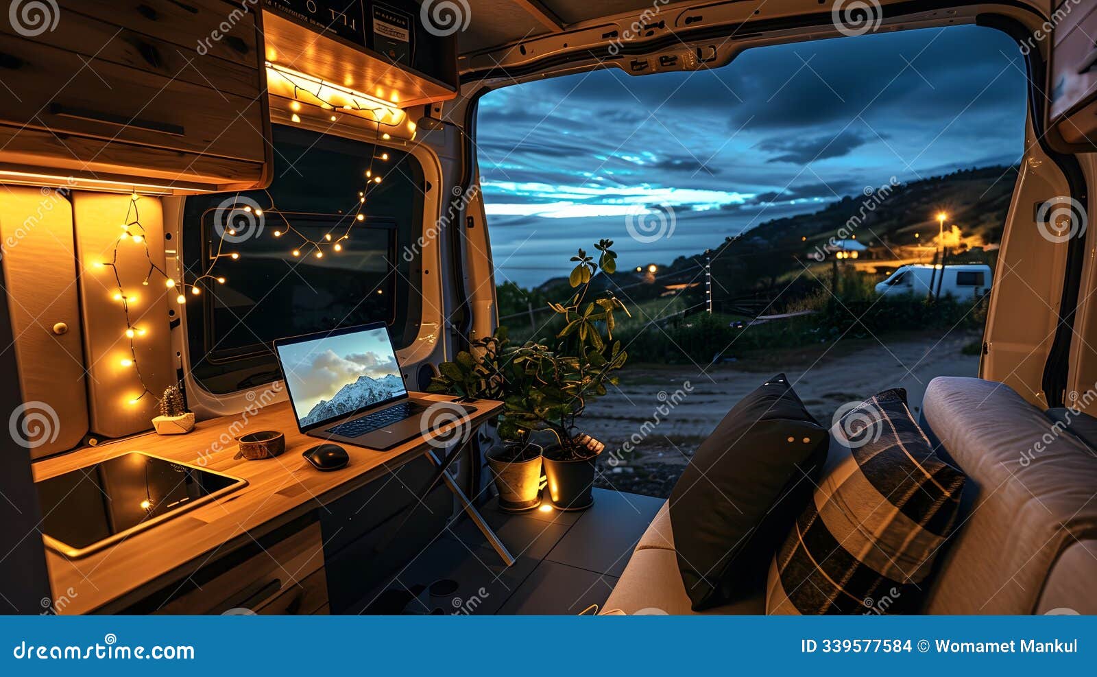 Cozy Night Workspace Setup in Camper Van Stock Illustration ...