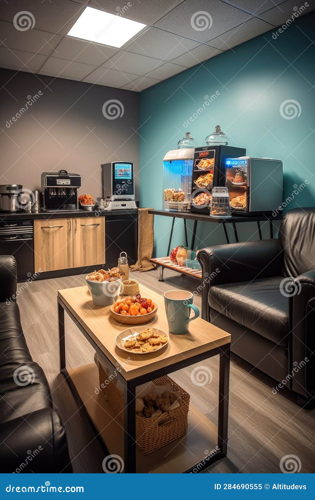 Cozy Office Break Room Featuring a Coffee Machine and Snacks Stock ...