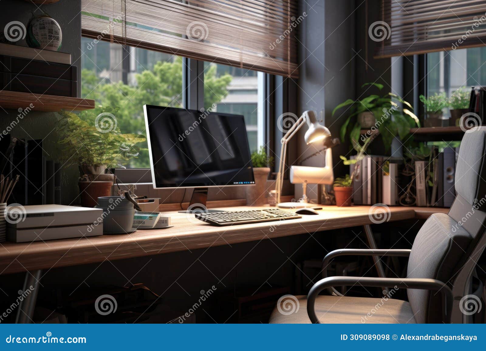 Cozy Office Interior with Modern Work Desk Stock Illustration ...