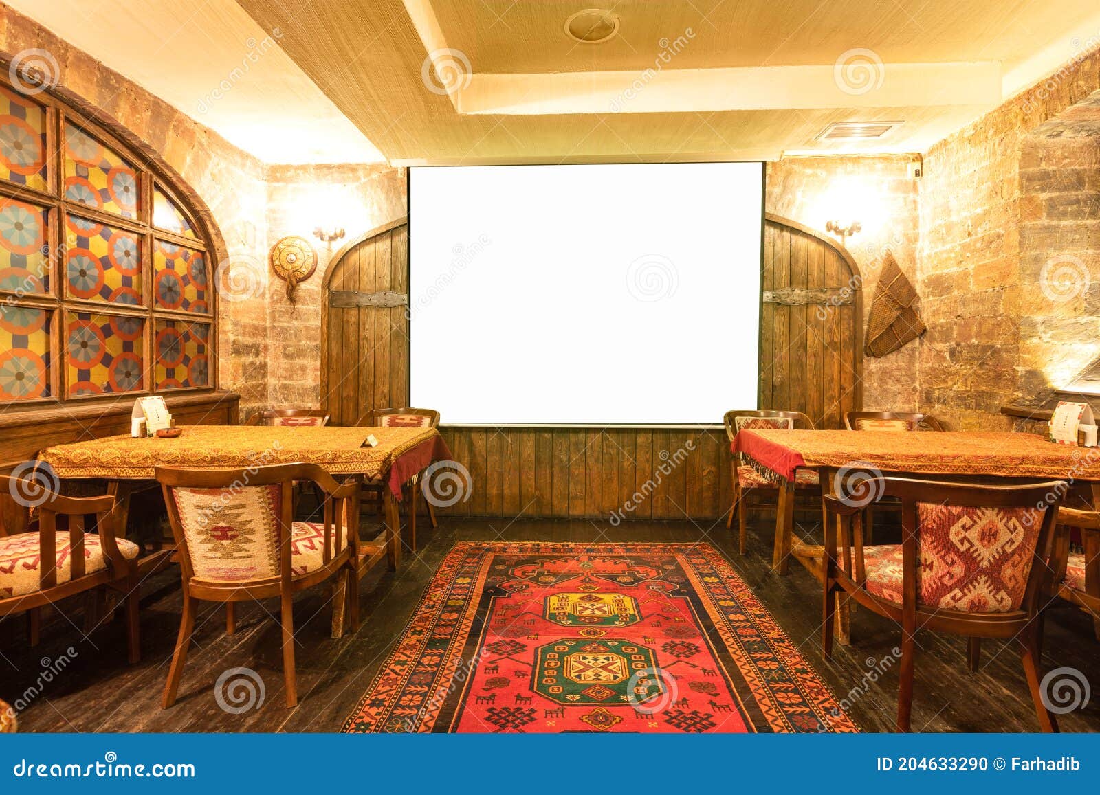 Cozy Old Style Interior of Restaurant, Teahouse with White Projector ...