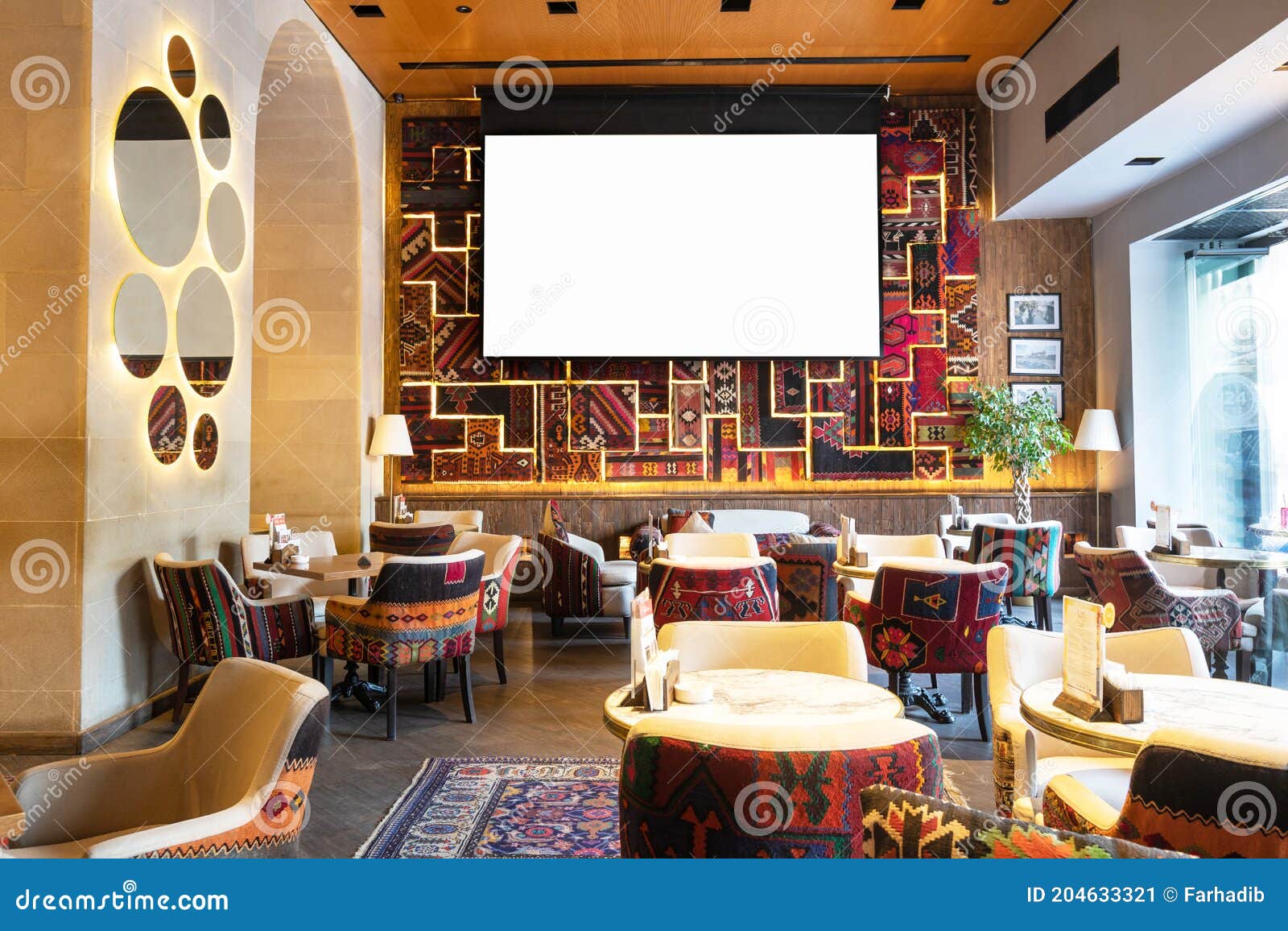 Cozy Old Style Interior of Restaurant, Teahouse with White Projector ...