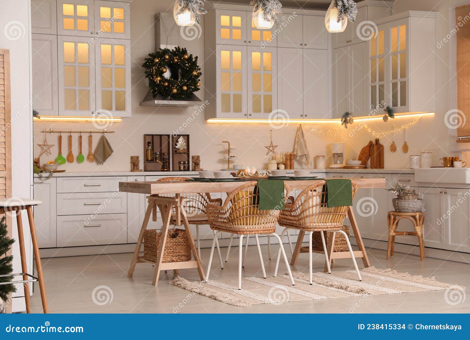 Cozy Open Plan Kitchen Decorated for Christmas. Interior Design Stock ...