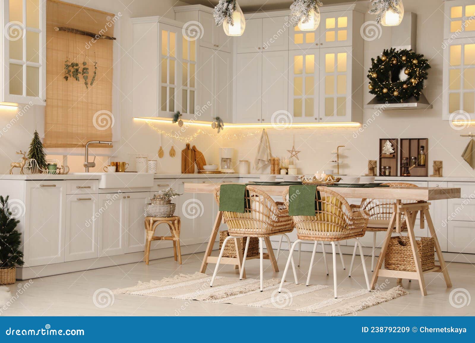 Cozy Open Plan Kitchen Decorated for Christmas. Interior Design Stock ...