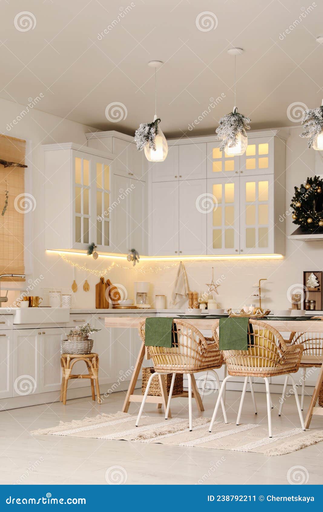 Cozy Open Plan Kitchen Decorated for Christmas. Interior Design Stock ...