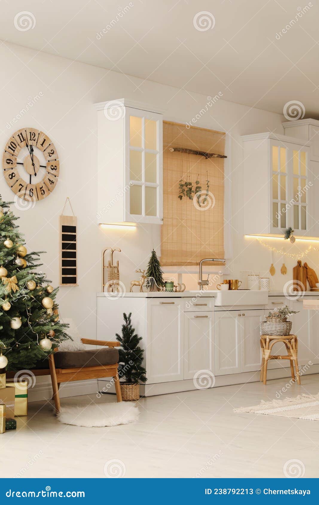 Cozy Open Plan Kitchen Decorated for Christmas. Interior Design Stock ...
