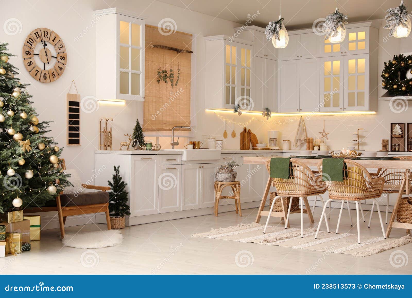 Cozy Open Plan Kitchen Decorated for Christmas. Interior Design Stock ...