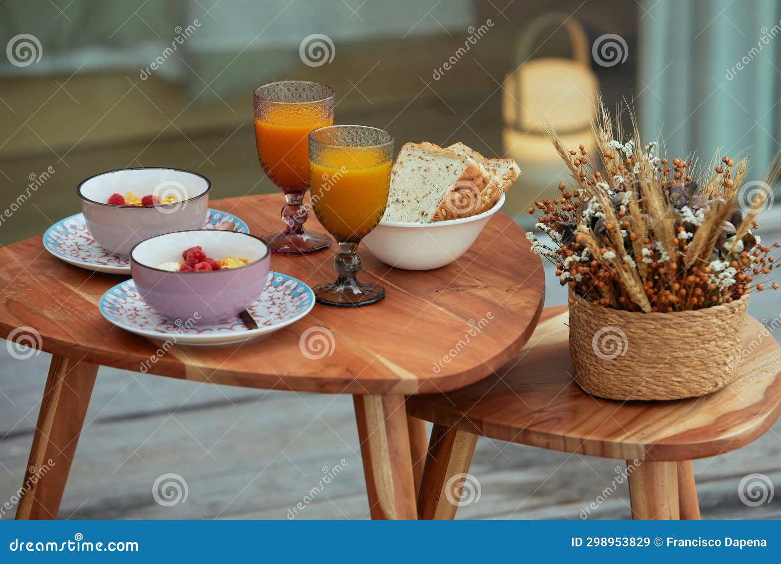 Outdoor Breakfast Setup with Fresh Juice and Cereal Stock Image - Image ...