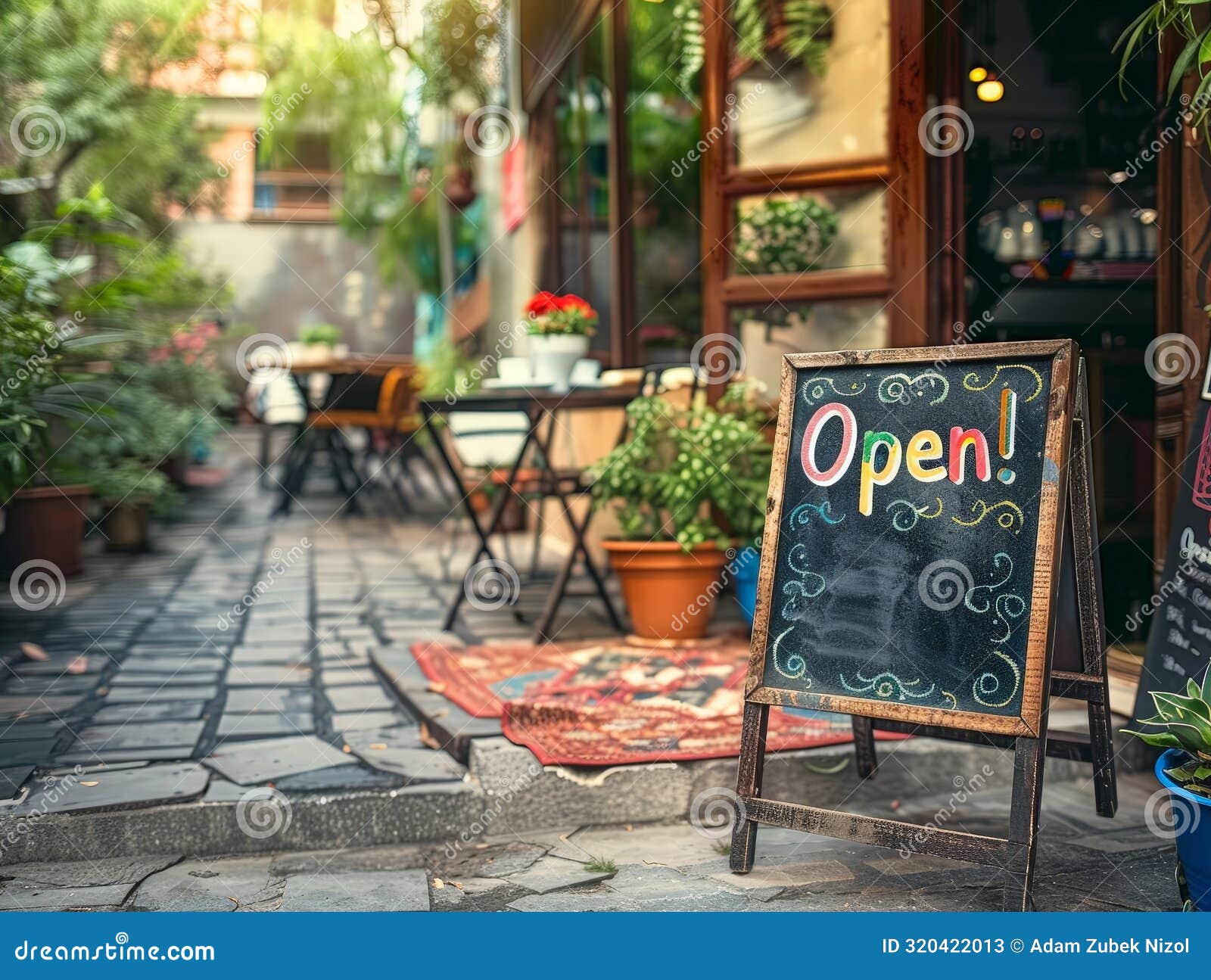 Cozy Outdoor Cafe with Open Sign Stock Illustration - Illustration of ...