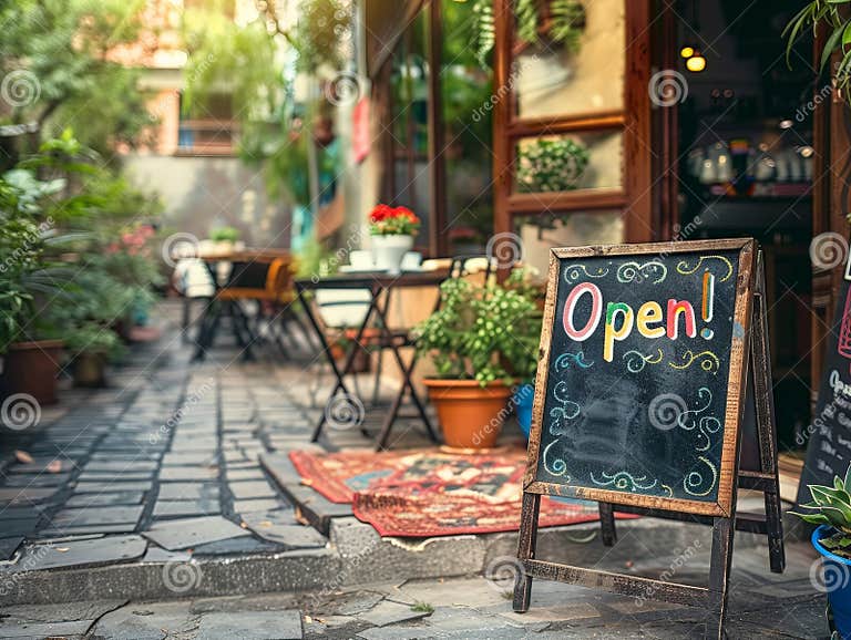 Cozy Outdoor Cafe with Open Sign Stock Illustration - Illustration of ...