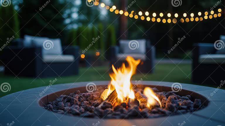 Cozy Outdoor Fire Pit with String Lights in Backyard Setting Stock ...