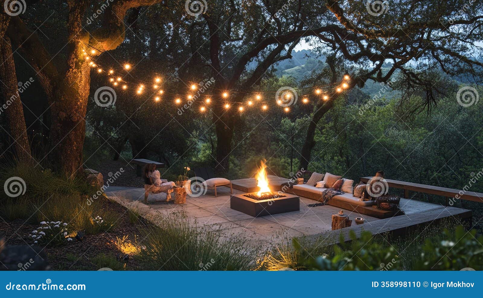 A Cozy Outdoor Gathering with a Fire Pit, String Lights, and Minimalist ...