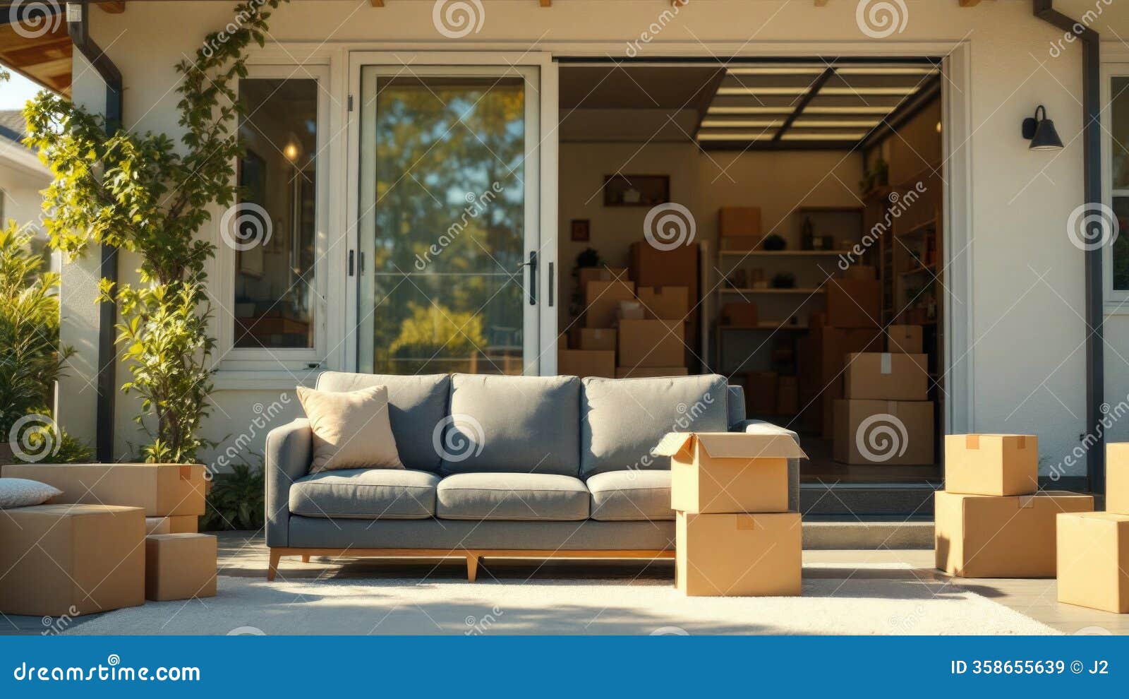 Cozy Outdoor Patio with Sofa and Moving Boxes in Sunlit Backyard Stock Image - Image of storage ...