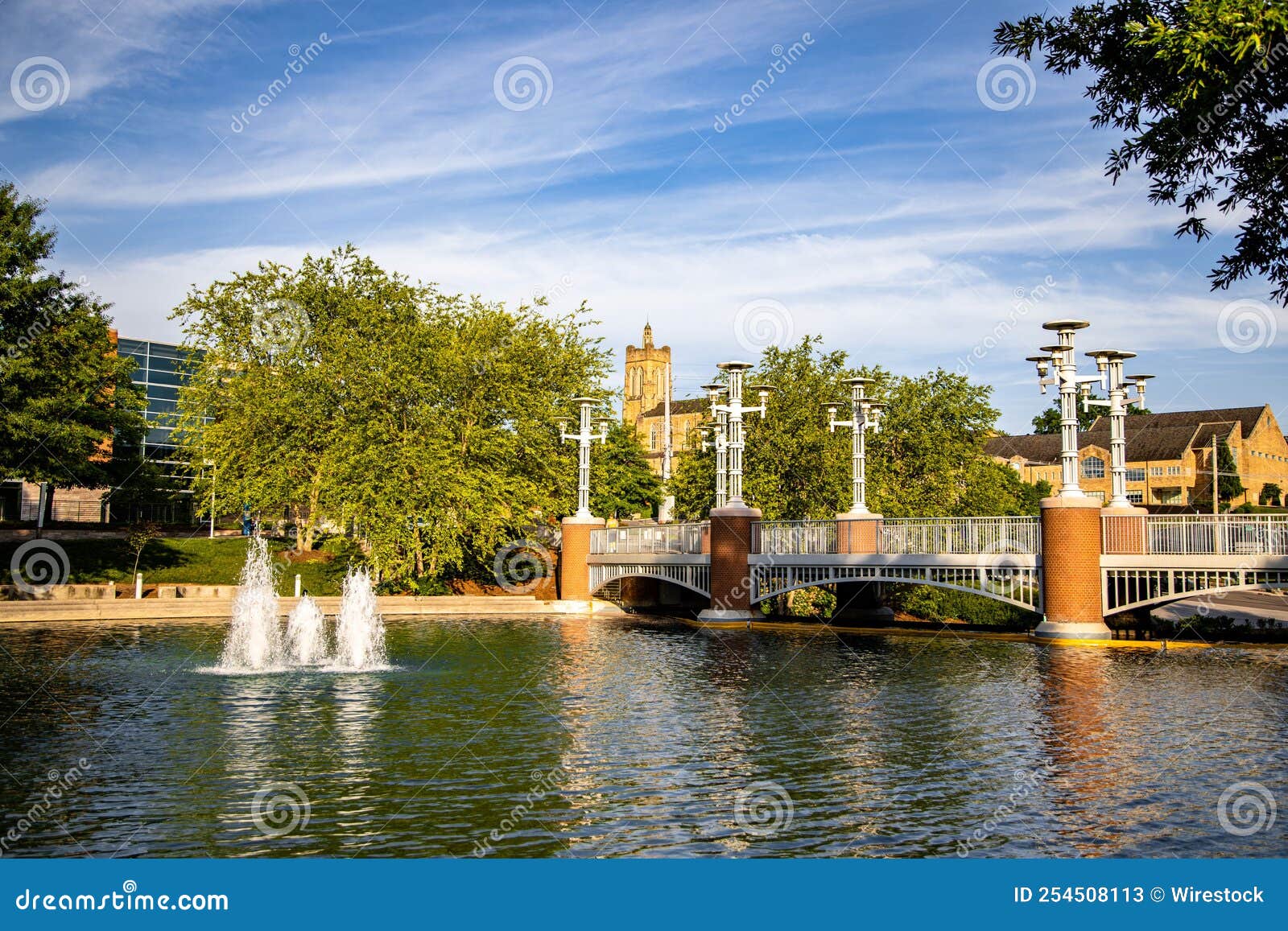 Cozy Park with a Lake, an Old Bridge and a Fountain Stock Image - Image ...