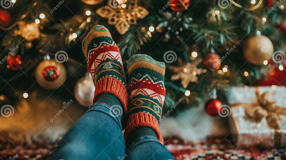Cozy Patterned Christmas Socks with a Background of Decorated Christmas ...