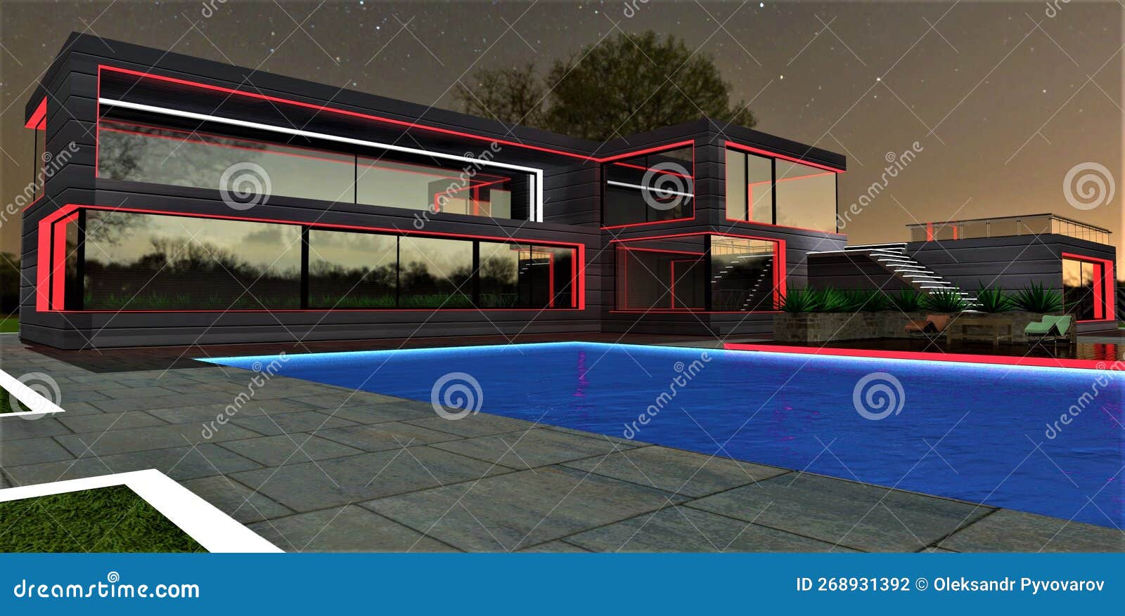 Cozy Pool Side at Night Under the Starry Sky. Modern Middle Class ...