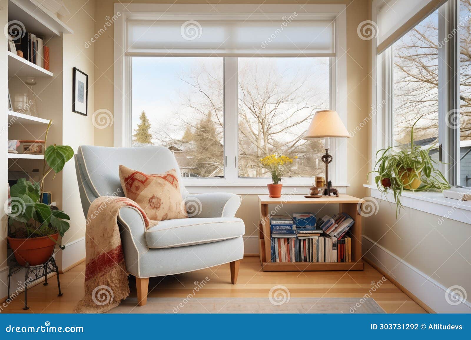 Cozy Reading Corner, Vast Windows, and a Comfy Chair Stock Photo ...